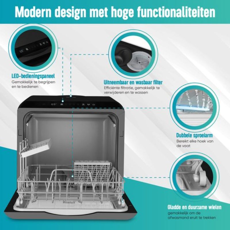 Ventux® Mini Vaatwasser Incl. App – Afwasmachine – 5 Programma’s – 900 ...